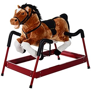 Qaba Durable Plush Toddlers Spring Rocking Horse, Bouncing Rocker Toy with Realistic Sounds
