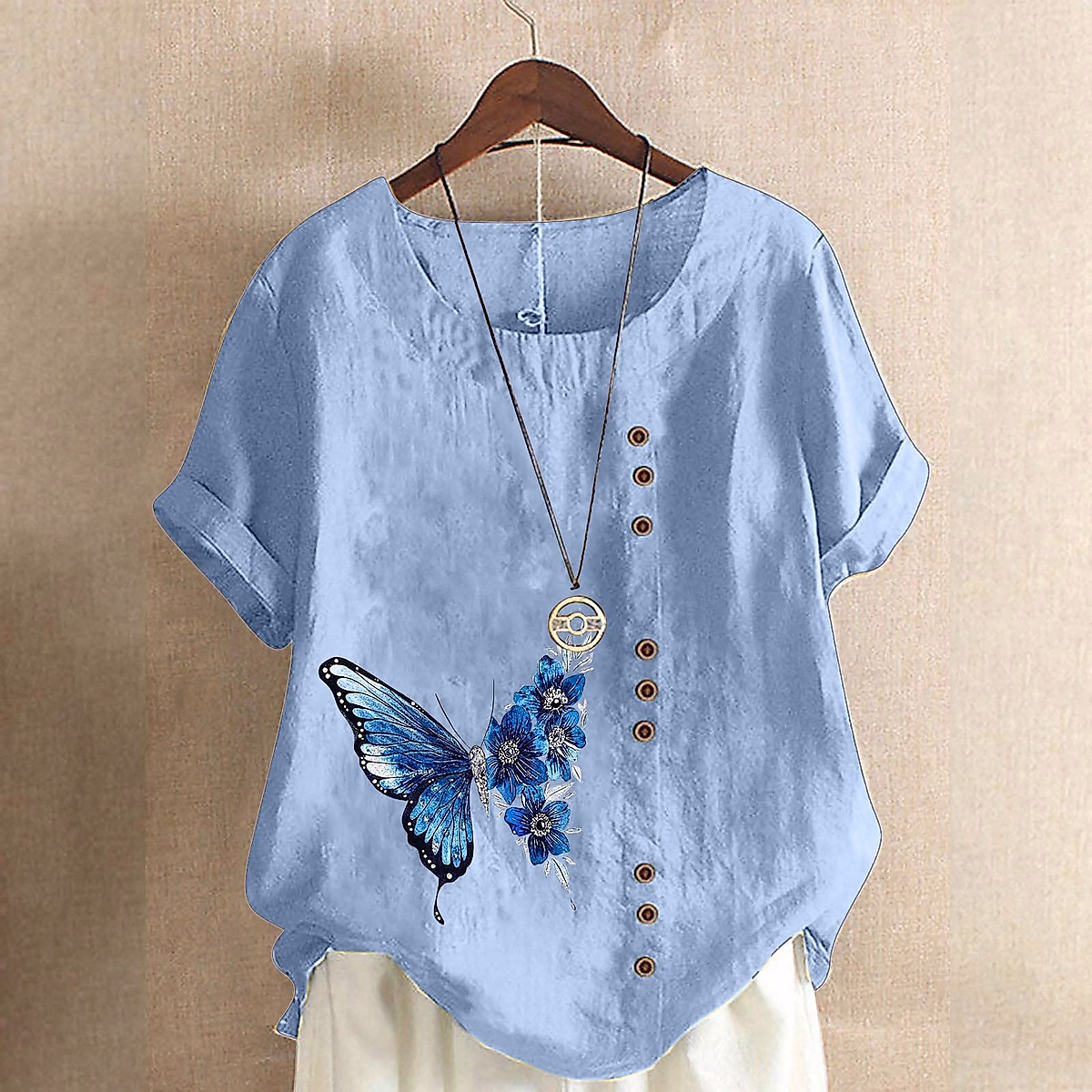 Cnebo Womens Loose Short Sleeve Short Sleeved Buttoned Shirt with Round Neck Printing T Shirt Tank Top Pocket Sleeve