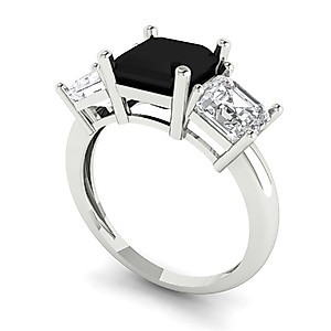 3.25ct SQ Emerald Baguette Cut Custom Engraving 3 stone W/Accents Black Onyx Engagement Wedding Ring 18K White Gold Size 8