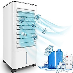 Evaporative Air Cooler,3-IN-1Portable Air Conditioners and Windowless Room Cooler Humidification-Ice Packs-12 Hour Timer-Remote Control,Ideal for Home, Office, Bedroom, Kitchen,School,Garage (‎‎Pearl White)