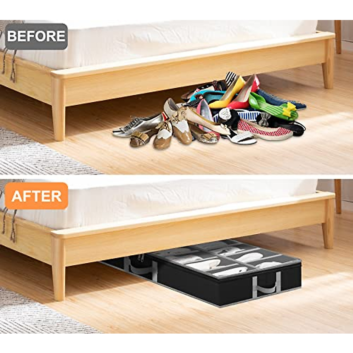 punemi Under Bed Shoe Storage Organizer, 2Pcs Fits 24 Pairs Sturdy Structure Underbed Shoes Organizer With Bottom Support & Adjustable Feature, Shoe Solution With Clear Cover & 2 Reinforced Handles