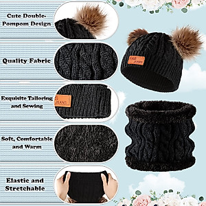 6 Pcs Toddler Winter Hat and Gloves Set with Neck Warmer Kids Pompom Hat Knitted Beanie Mittens for Baby Boys Girls 0-4 Year(Black, White)