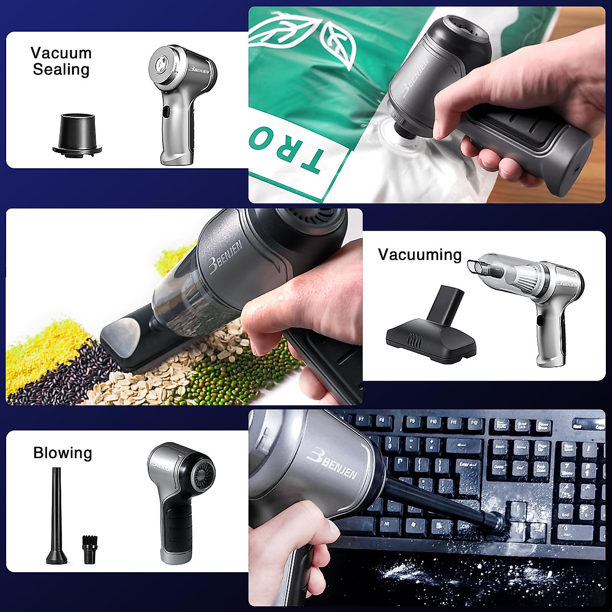 BENJEN Mini Car Vacuum Cleaner, 15000PA High Power, 3 in 1 Handheld Vacuum Cleaner with Brushless Motor, Portable Cordless Vacuum Cleaner for Car, Office and Home Cleaning