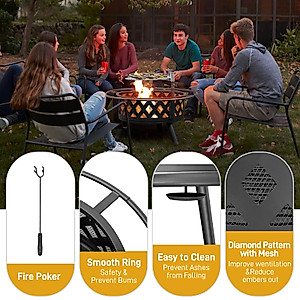 VINGLI Portable Outdoor Fire Pit 30" with Barbecue/Cooking Grill, Poker Round Metal Firepit Table Wood Burning Fire Pit for Outside Patio Backyard Terrace