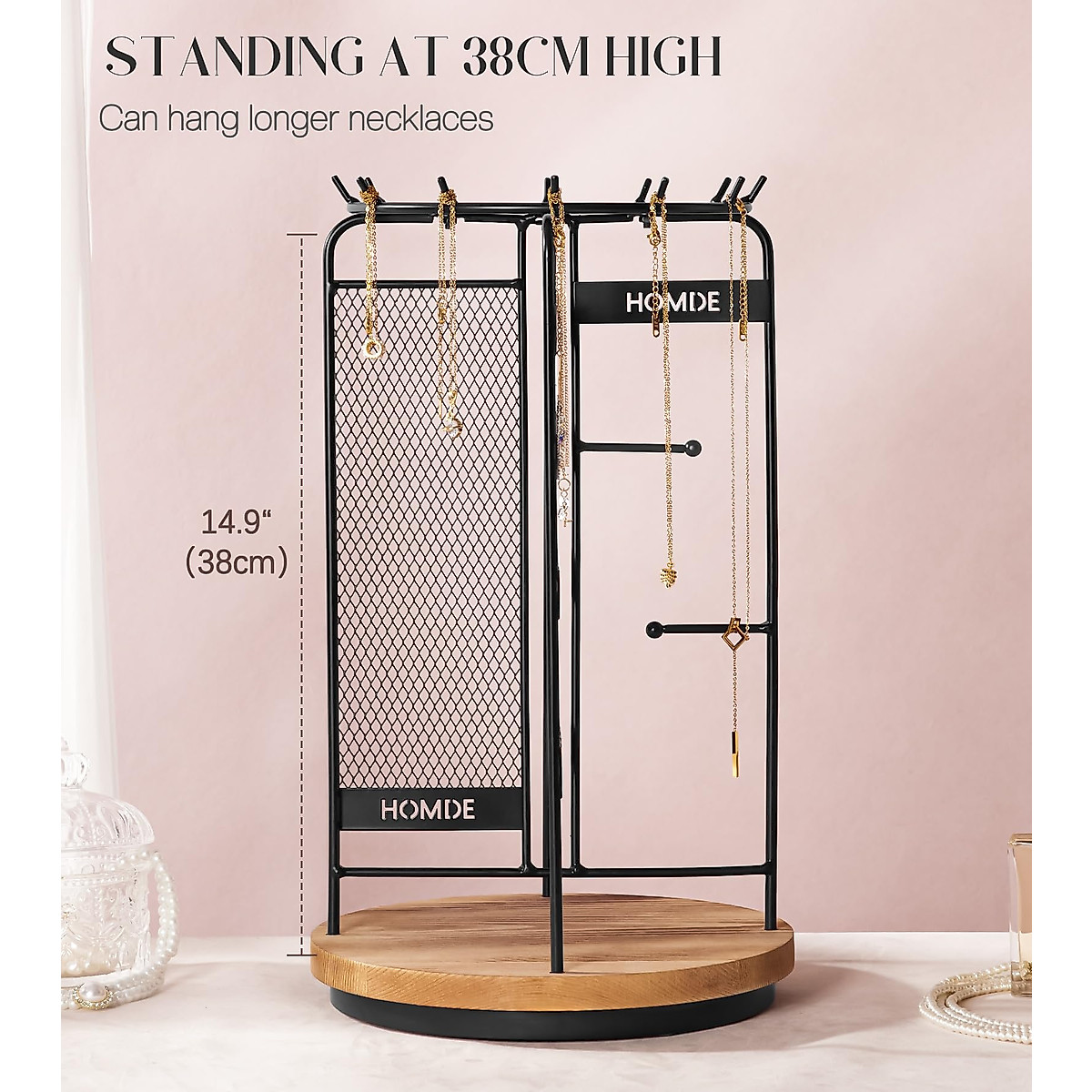 Homde 360 Rotating Jewelry Stand Hold up to 48 Pairs of Earrings and 34 Necklaces Jewelry Tower Tree Earring Necklace Bracelet Display Organizer with Solid Wood Base (Brown + Black)