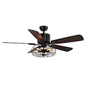 NOXARTE 52 inch Farmhouse Industrial Ceiling Fan with Light and Remote, Vintage Black Cage Fandelier, 5 Reversible Blades Chandelier Fans Light Kit for Bedroom Living Room, Quiet Motor