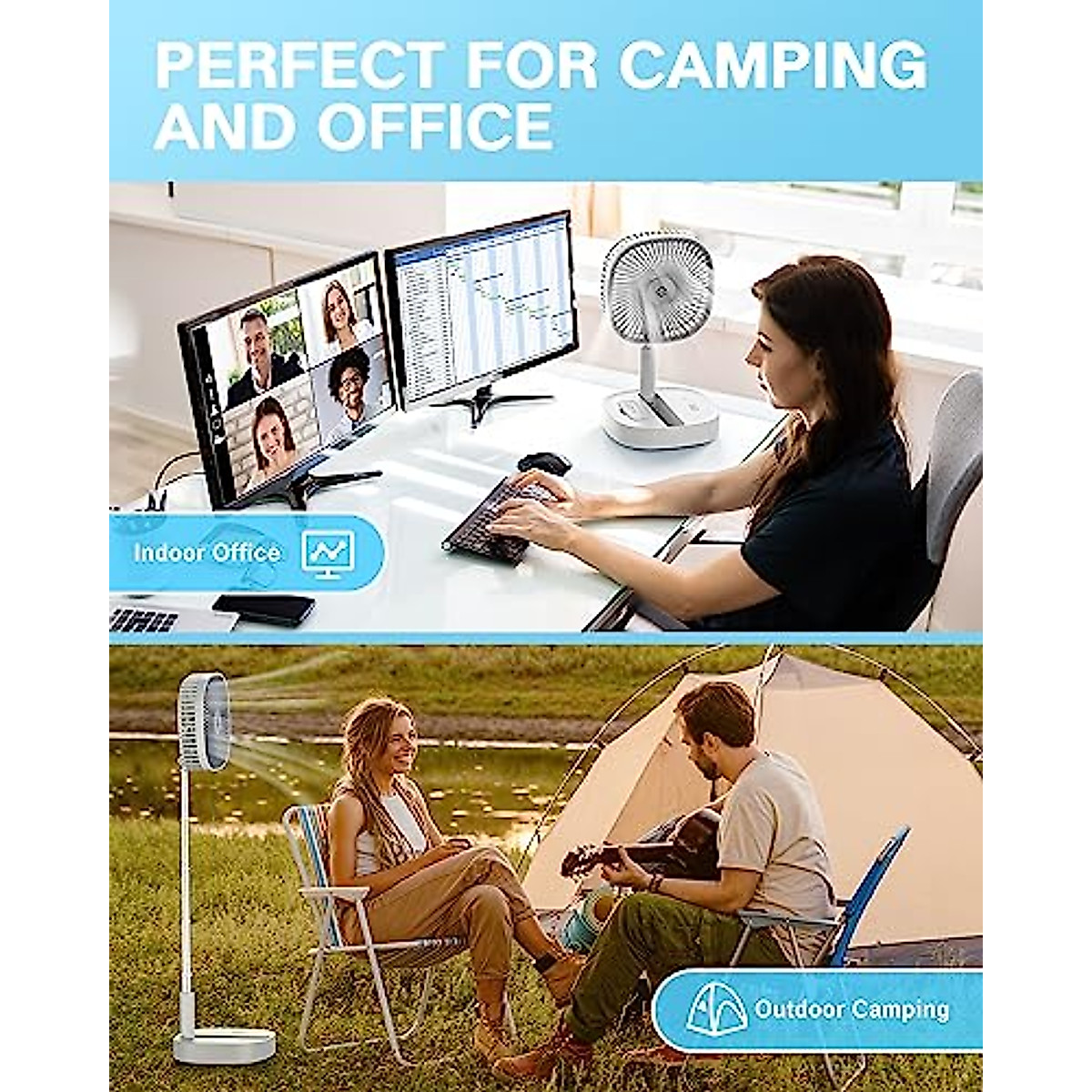 esemoil Portable Foldable Fan for Travel, 8" Oscillating Rechargeable Fan with Remote, 7200mAh Rechargeable Folding Standing Table Fan with 4 Speeds, Floor Pedestal Fan for Bedroom Office Travel Camp