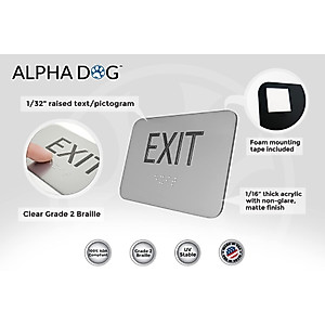 ALPHA DOG ADA SIGNS - Braille Exit Sign for Business, 3x5 Inch, ADA Compliant, ADA Exit Sign with Braille, Indoor or Outdoor, Easy Installation, Made in the USA, Brushed Exit Sign