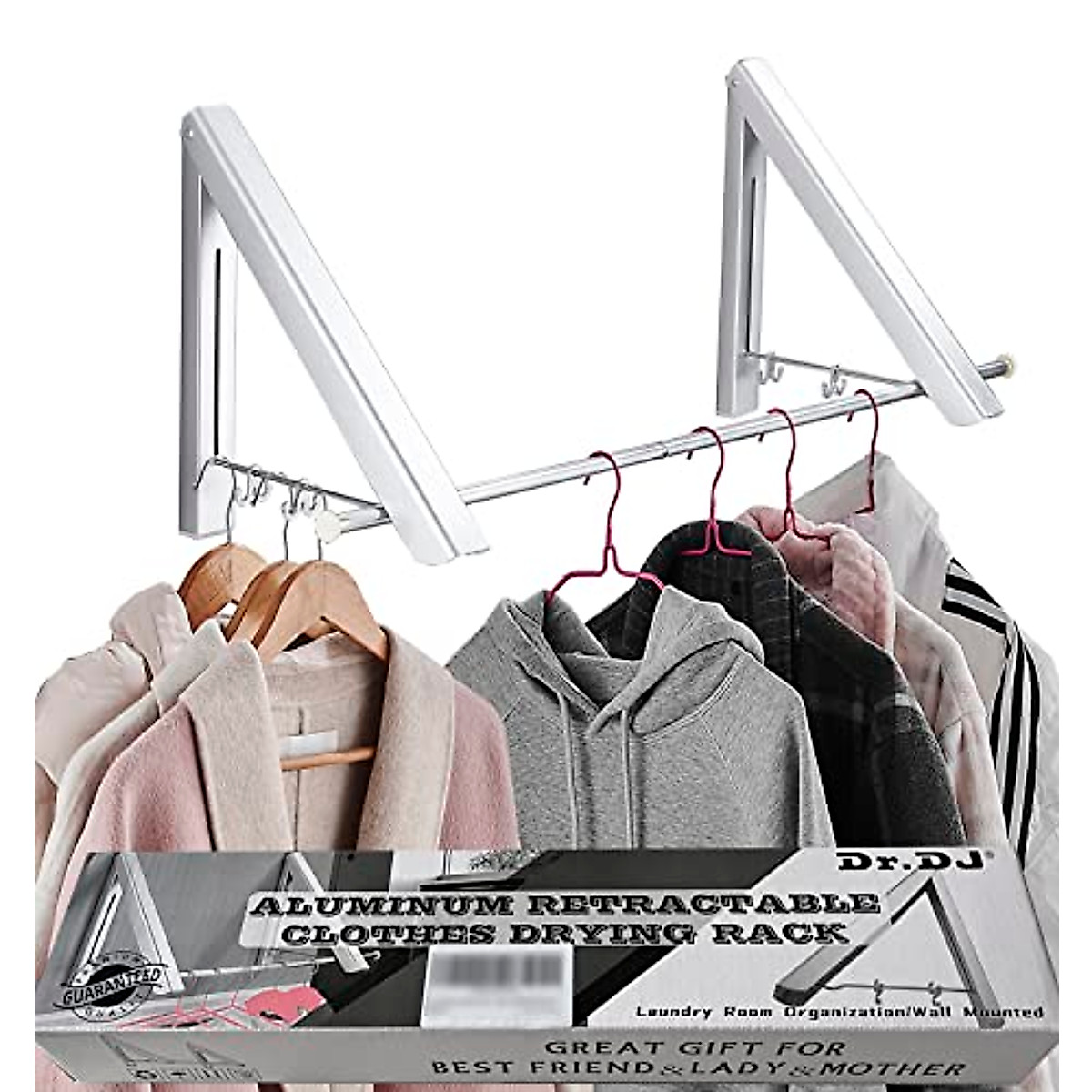 Dr.DJ Retractable Clothes Rack-Laundry Room Drying Rack Wall Mounted Clothes Hanger Foldable, Wall Mount, Folding Clohes Wall Hanger Home Storage Organizer, Aluminium, 2 Racks with Rod (Silver)