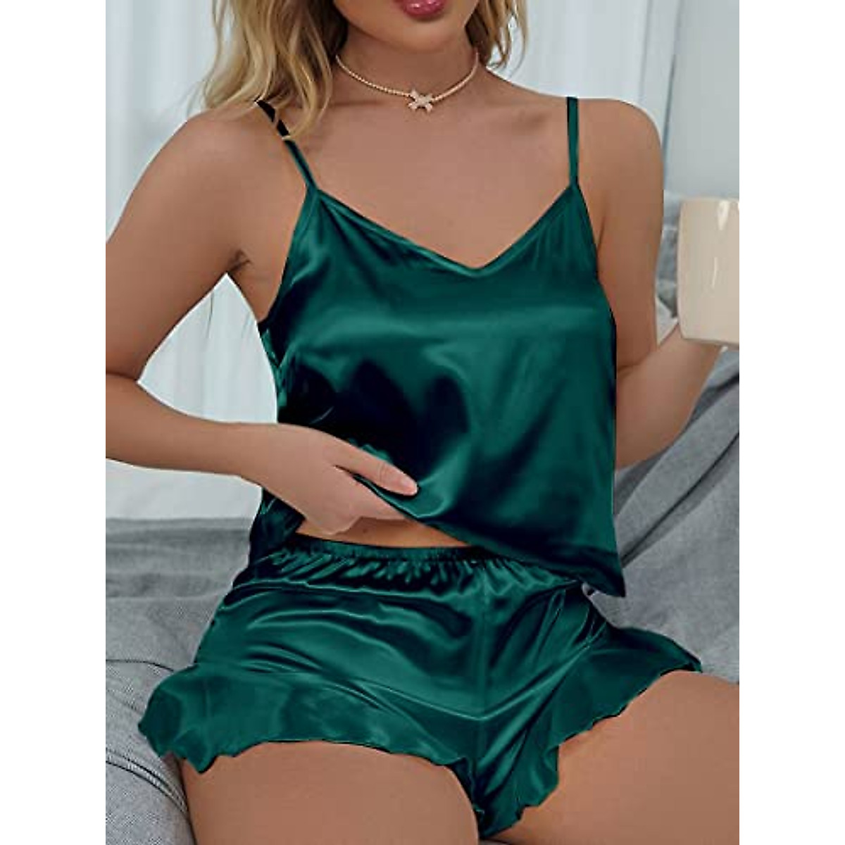 Womens Pajama Sets Sexy Lingerie Satin Sleepwear Cami Shorts Set V Neck Pj Silk Nightwear Dark Green XL