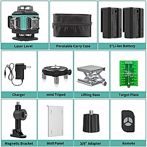 16 Lines Laser Level Self Leveling, 4x360° 4D Green Cross Line Lazer Level Tool with 2 Rechargable Batteries,Two 360° Vertical and Two 360° Horizontal Laser Dimmable brightness & Remote Controller