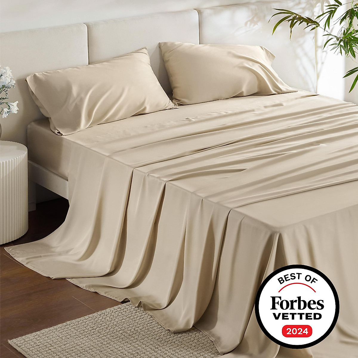 Bedsure King Size Sheet Set, Cooling Sheets King, Rayon Derived from Bamboo, Deep Pocket Up to 16", Breathable & Soft Bed Sheets, Hotel Luxury Silky Bedding Sheets & Pillowcases, Beige