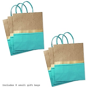 Hallmark 13" Large Paper Gift Bags (6 Bags: Turquoise & Kraft with Gold) for Birthdays, Easter, Weddings, Mother's Day, Baby Showers, Bridal Showers or Any Occasion