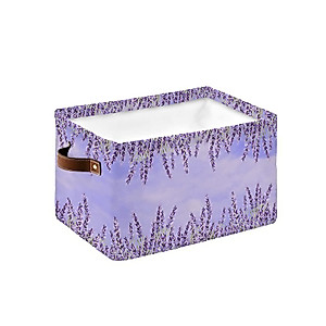 1 Pack Lavender Flower Cube Storage Organizer Bins with Handles,Collapsible Canvas Cloth Fabric Storage Basket,Ombre Purple Spring Watercolor Books Kids' Toys Bin Boxes for Shelves,Closet