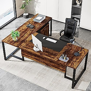 LITTLE TREE 70.8 Inches Executive Office Desk with File Cabinet, Large L Shaped Executive Desk with Storage Cabinet, Modern Office Desk with Drawers for Home Office(Rustic Brown Black)