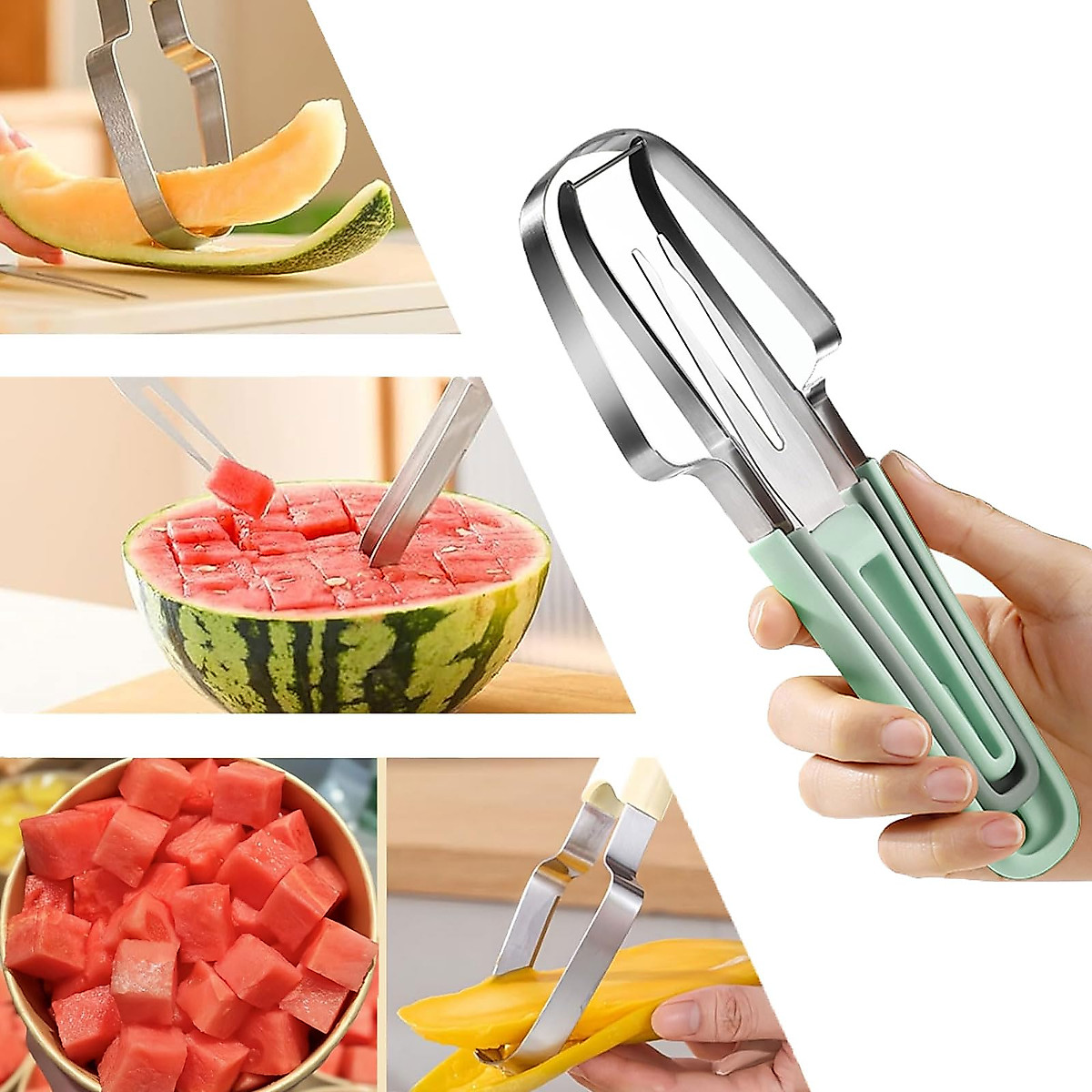 Watermelon Cutter Slicer，2024 New 3-in-1 Multi Functional Household Fruit Splitter Watermelon Fork Slicer Cutter, Melon Cutter Knife Portability Fruit Fork for Camping Kitchen Gadgets (light green)