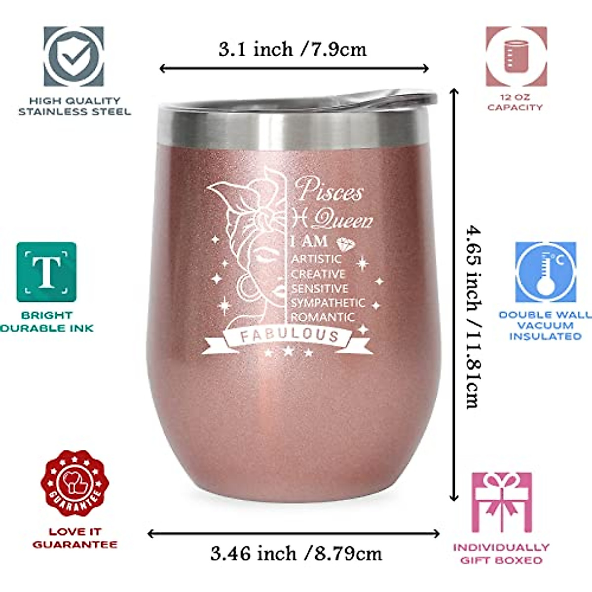 Joyloce Pisces Zodiac Wine Tumbler 12 oz, Zodiac Pisces Gifts for Women Girls Coffee Mug, Pisces January February Birthday Gifts for Women, Constellation Horoscope Gift Astrology Gifts Stemless Cup
