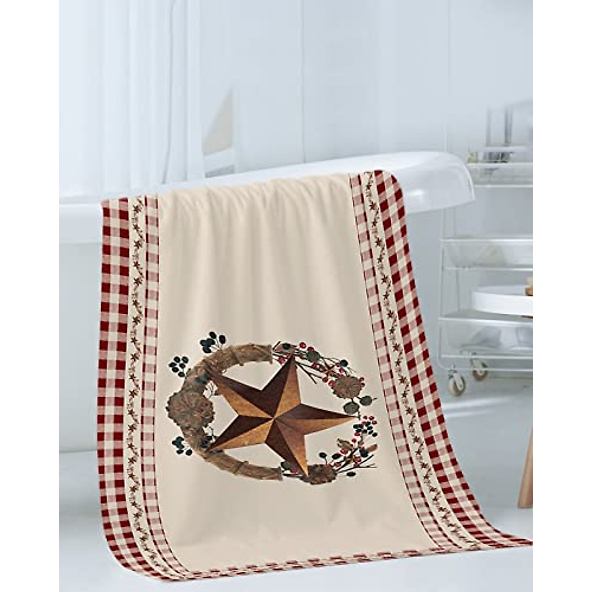 ArneCase Towel Sets for Bathroom Farmhouse Country Star and Primitive Berries On Retro Red Plaid Highly Absorbent Beach Towel Hand Towel Washcloths for Men Women Sports Yoga 3 Pcs