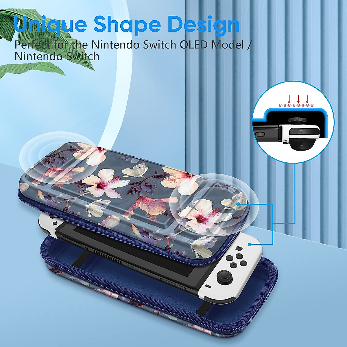 Fintie Carrying Case for Nintendo Switch OLED Model 2021/Switch 2017, [Shockproof] Hard Shell Protective Cover Travel Bag with 10 Game Card Slots & Inner Pocket, Hibiscus