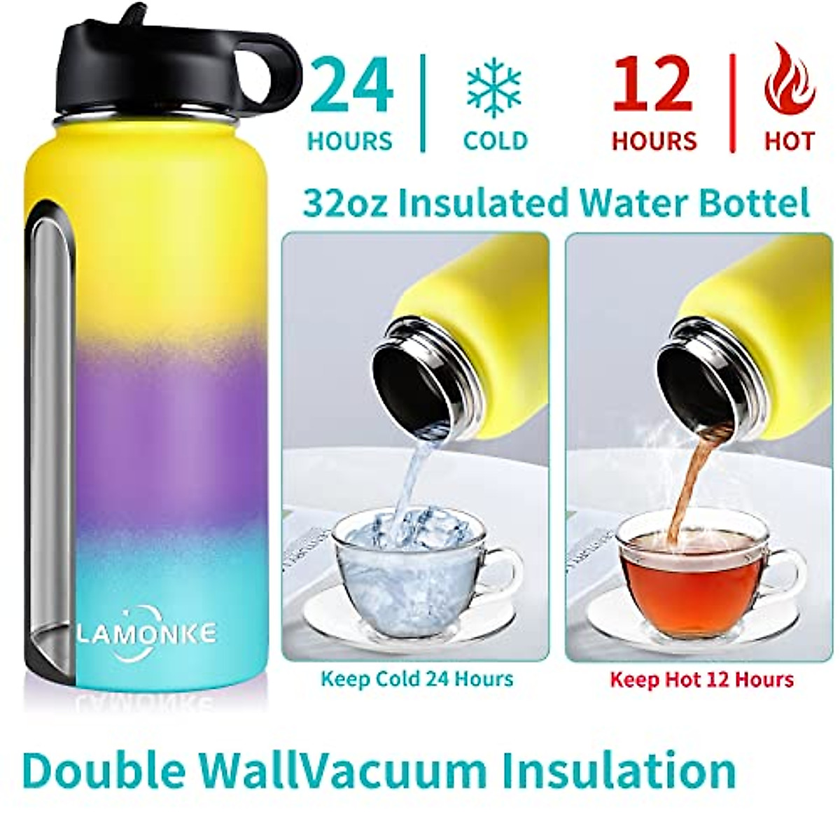 LAMONKE 32oz Vacuum Insulated Stainless Steel Water Bottle with Straw Lids & Spout Lids & Wide Mouth, Double Wall BPA Free Sweat-Proof Thermos to Keep Beverages Perfectly Hot or Cold