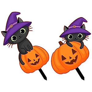 LUOZZY 2pcs Halloween Outdoor Decorations Black Cat Pumpkin Yard Stakes Garden Cat Sign with Stake Halloween Yard Decors