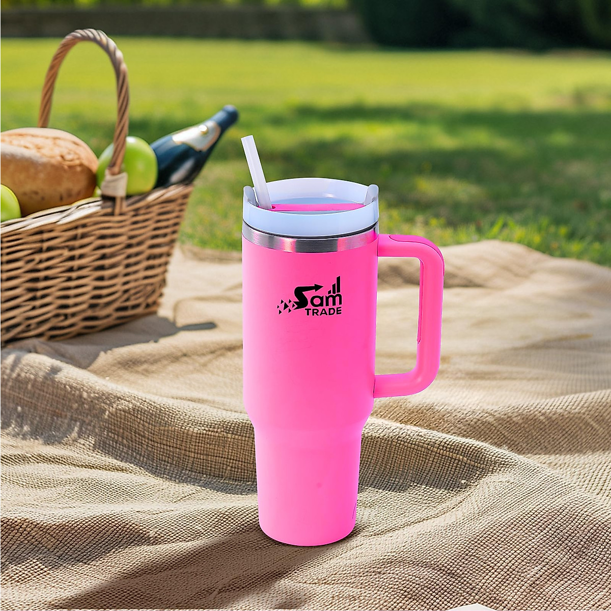 Samtrade Drinking Cup, Stainless Steel Insulated Tumbler with Handle (40oz) - 100% Leak-Proof Friendly Travel Mug, Pink, YX-T40