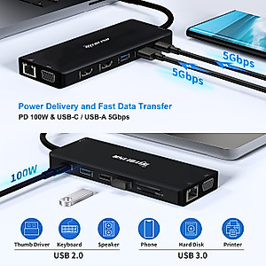 USB C Laptop Docking Station, 14 in 1 Type C Hub Multiport Adapter Dongle with 3 Monitors Compatible for Macbook/Dell/HP/Lenovo Laptops (Dual HDMI, VGA, PD, RJ45, SD/TF, USB C/A Ports, Mic/Audio)Black
