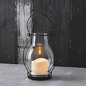 Black Outdoor Lantern with Solar Candle - 10.5 Inch Tall, Metal & Glass, Round Hurricane Style, Waterproof, Battery Included, Solar Powered Decorative Patio Lantern for Modern Home Decor