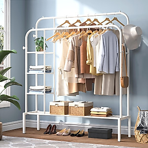 JOISCOPE Double Rods Portable Garment Rack for Hanging clothes, 49.6 * 62.2 Inch Metal Clothing Rack with Bottom Shelves and 4 Hooks,Freestanding Clothes Rack for Bedroom,Space Saving, White