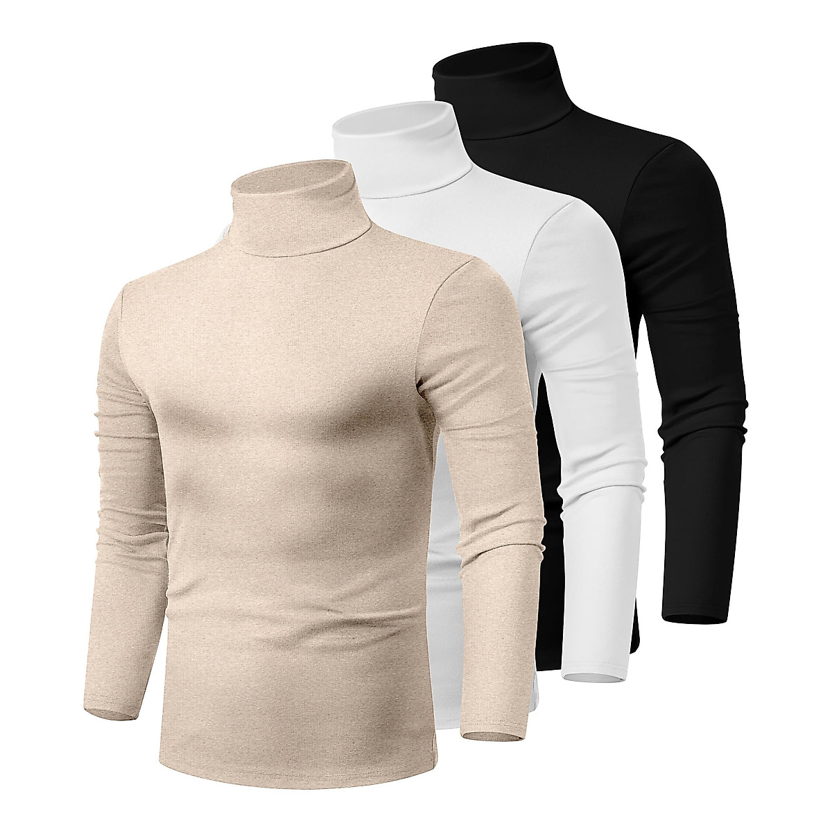 Ficerd 3 Pack Men's Turtleneck Shirts, Long Sleeve Cotton Pullover Sweaters Mock Neck Knitted T Shirt Basic Slim Fit Tee Tops(Black, White, Apricot,Large)