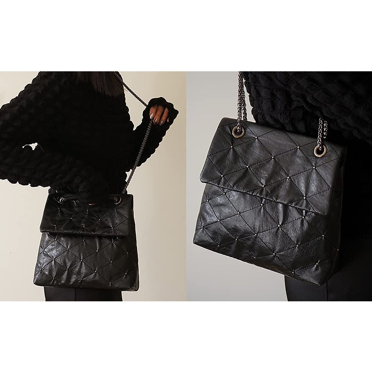 KWANI Lozenge Studded Tote Shoulder bags PU Leather Large Purses Hand shoulder bag for Women, Magnetic Closure bag (Black)