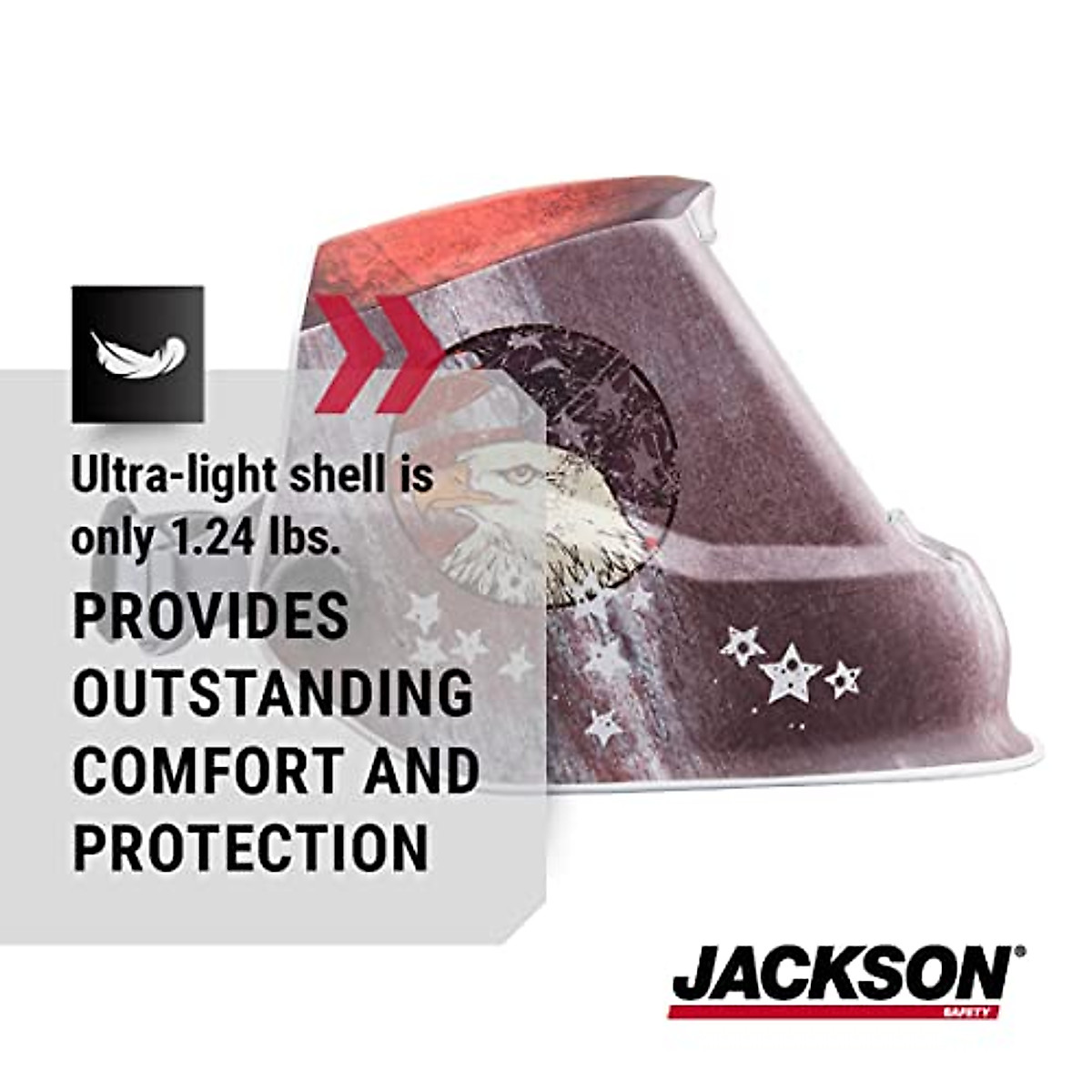 Jackson Safety Premium Auto Darkening Welding Helmet 4/5-13 Shade Range, 1/1/1/1 Optical Clarity, 1/25,000 sec. Response Time, 370 Speed Dial Headgear, Freedom Graphics, Red/White/Blue, 47103