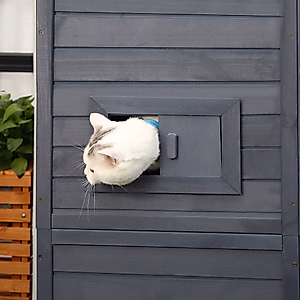 PawHut Outdoor Catio, Cat House Wooden Feral Cat Shelter, Cat Cage with Platforms, Waterproof Asphalt Roof, Ramps, 77" L, Gray