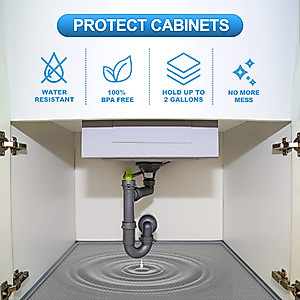 Jifunull Under Sink Mat for Kitchen Cabinet, 34" x 22" Silicone Waterproof Under Sink Tray with Drain Hole, Liner Protector for Kitchen, Bathroom and Laundry Room, Hold Up to 2 Gallons, Grey