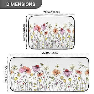xigua 2 Piece Colorful Wildflowers Anti-Fatigue Kitchen Rug, Waterproof Non-Slip Kitchen Mats and Comfort Elastic Cotton Interlayer Rug for Kitchen, Floor Home, Office, Sink, Laundry