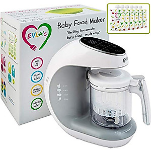 EVLA'S Baby Food Maker, Healthy Homemade Baby Food in Minutes, Steamer, Blender, Baby Food Processor, Touch Screen Control, includes 6 Reusable Food Pouches for Storage or Travel, White