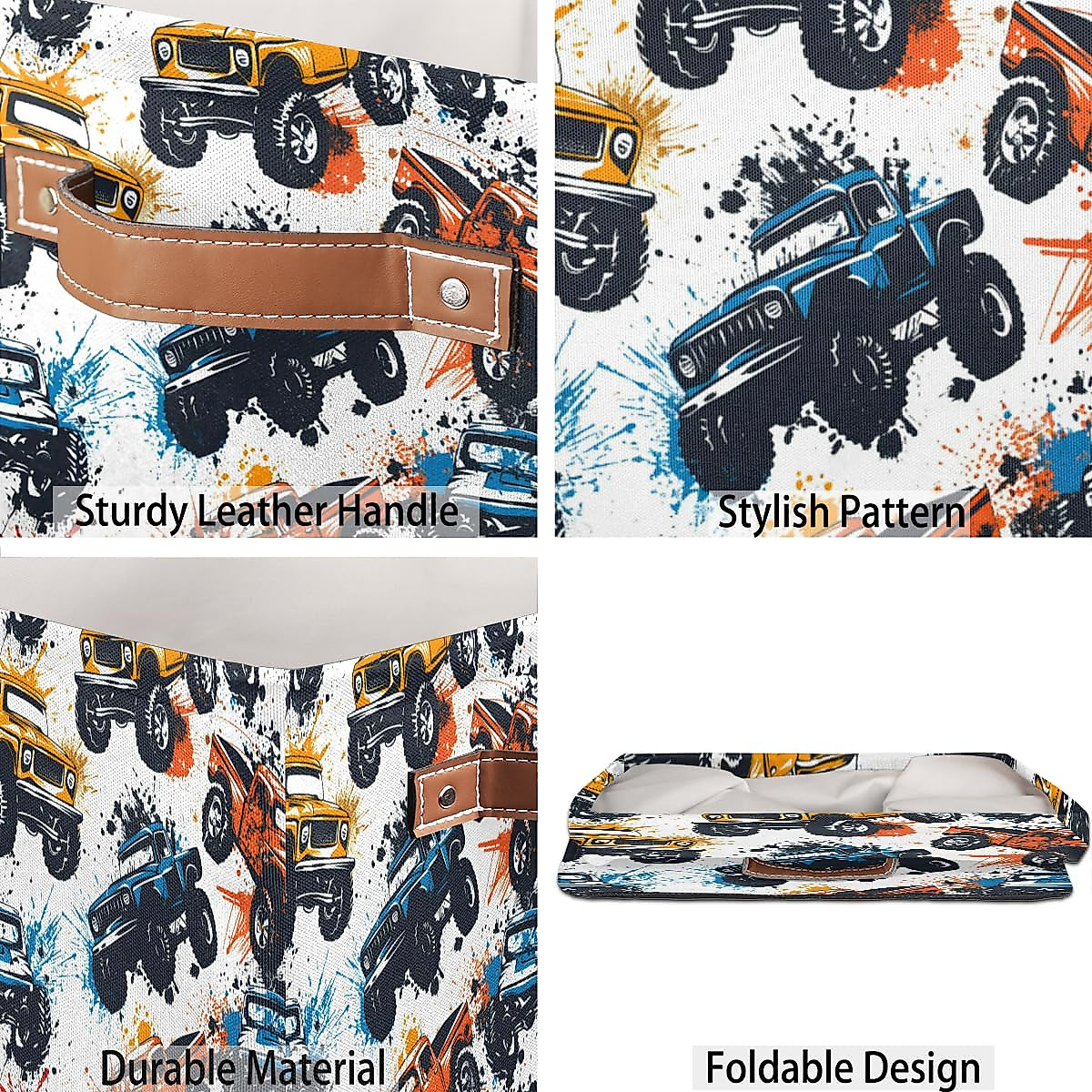 Tablerazzi Monster Truck Car Cube Storage Bin, 13 Inch Collapsible Fabric Storage Cube Bin, Foldable Cube Baskets for Shelf, Closet, Organizer