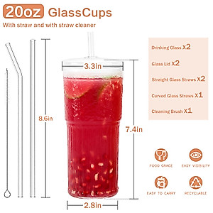 GOSCHE Glass Cups with Straws and Lids 2Pcs, 20oz Glass Cups Drinking Jar, Clear Iced Coffee Cups, Vintage Ripple Glassware for Water Coffee Tea, Clear