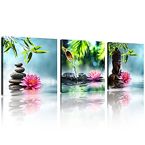 TutuBeer Zen Canvas Prints 3 Panel Spa Wall Decor Spa Stone Green Bamboo Pink Waterlily Zen Buddha Pictures Canvas Painting Print for Home Office and Kitchen Stretched and Framed Each Panel 12x12inch