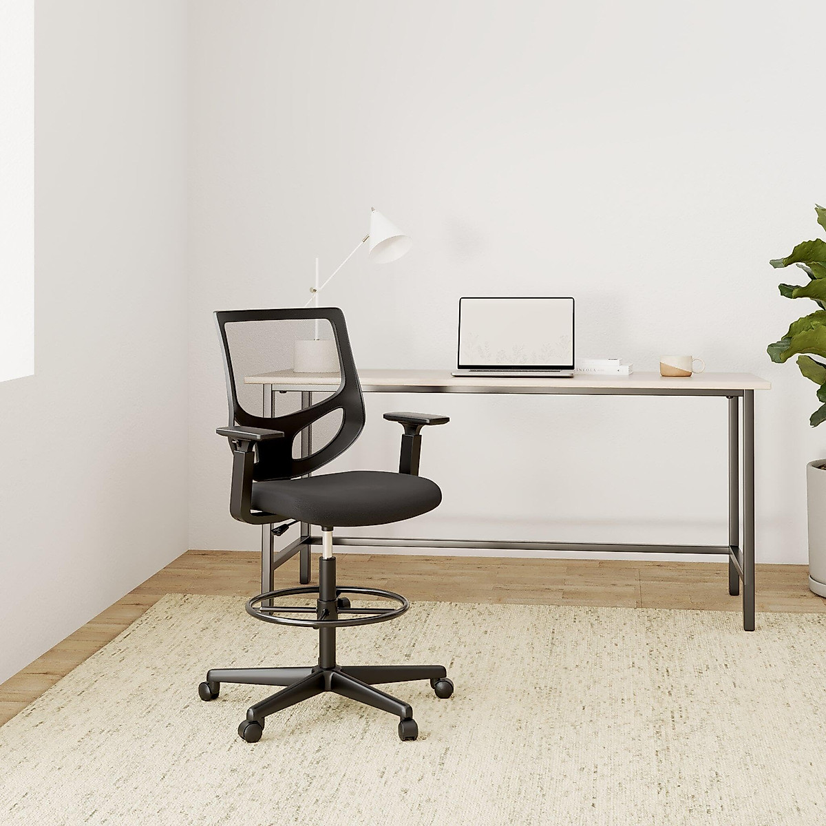 SMUG Tall Armrests, Counter Height Standing Desk, Mid Back Mesh Office Drafting Chairs with Adjustable Foot Ring, Black