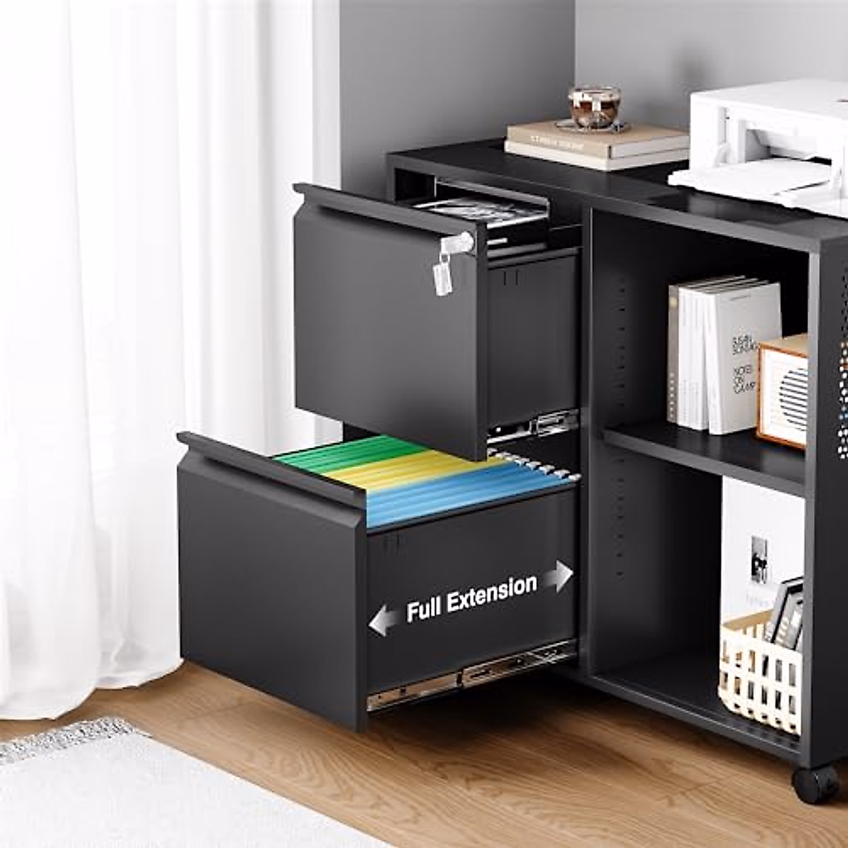 LISSIMO Lateral File Cabinet,2 Drawer Mobile Storage Cabinet with Lock fits A4 or Letter Size for Home Office,Rolling Printer Stand with Open Storage Adjustabl Shelves(Black)