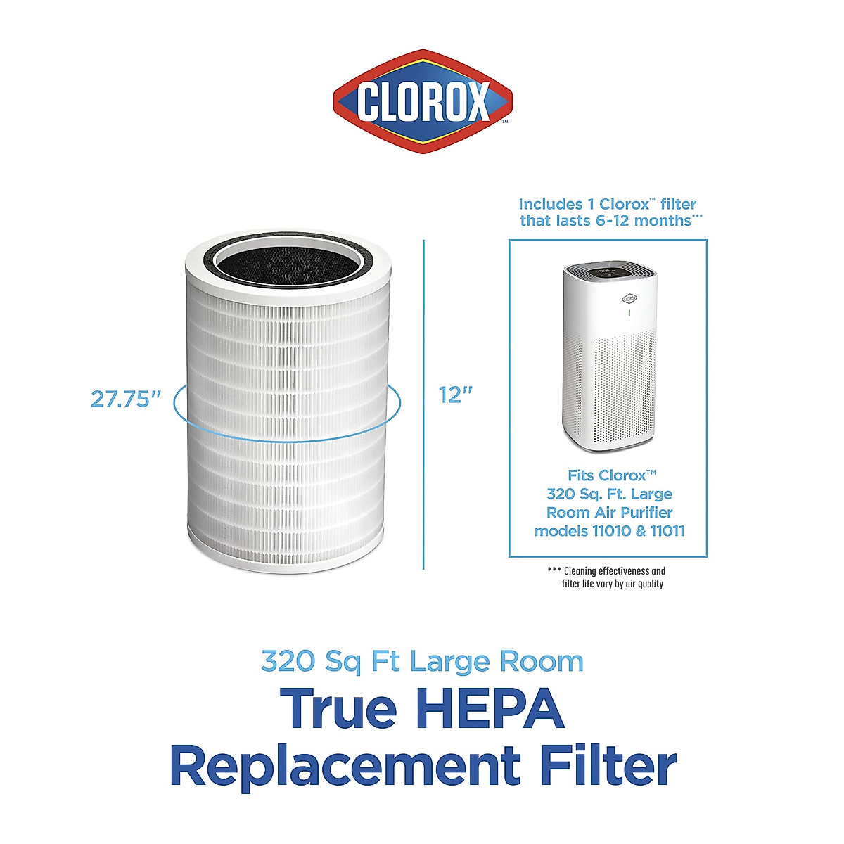 Clorox Large Room Air Purifier True HEPA Replacement Filter, 1,500 Sq. Ft. Capacity, Removes 99.97% of Allergens up to 0.1 Micron, Compatible with 11010 & 11011, 1 Count (12010)
