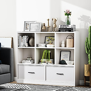 Adompacat Cube Bookshelf Storage Organizer Bookcase,8 Cube Open Mid-Centur Shelf,Freestanding Display Bookshelve, Modern Wide Kids Toy Shelf with Drawers for Bedroom Living Room Office(White)