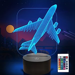FULLOSUN Aircraft Airplane 3D Night Light Kids Bedside Lamp 16 Colors Changing with Remote Control Xmas Halloween Birthday Gift for Child Baby Boy