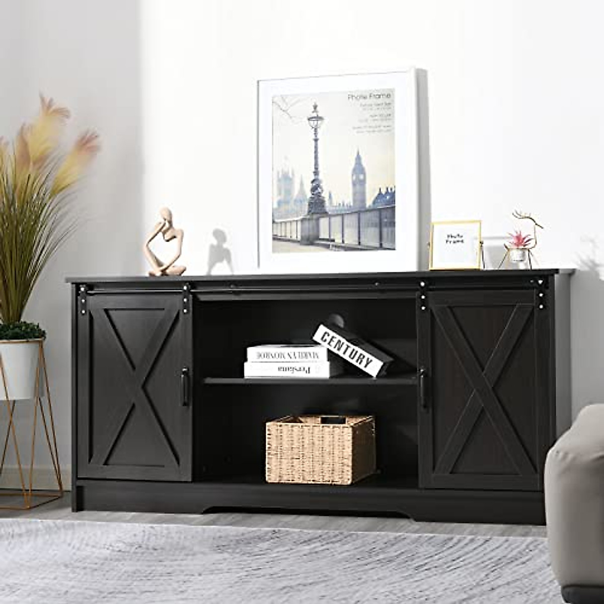 4 EVER WINNER Buffet Cabinet with Storage, 60” Kitchen Sideboard Cabinet with Sliding Barn Doors, Farmhouse Coffee Bar Cabinet Black Buffet Server Cabinet for Living Room Dinning Room, Espresso