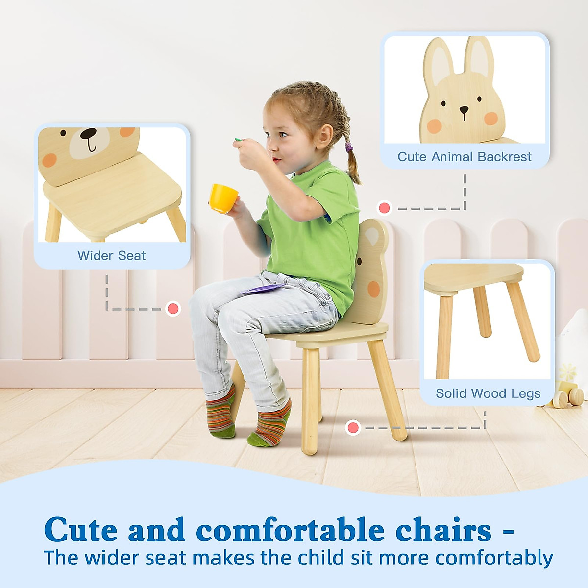 OOOK Kids Wood Table and Chair Set - Including 2 Animal Chairs - Waterproof Desktop - Adorable Toddler Table Chairs Set for Eating, Snack Time and Play Games