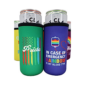 Gay Pride Stuff LGBTQ Coolies - Pride Accessories for Parade, Pride Wedding Favors, Coming Out Party Gift, Rainbow Gay Flag Merch, 12 oz Tall Skinny Can Coolie Insulated Sleeve, Proud Slim Can Cooler
