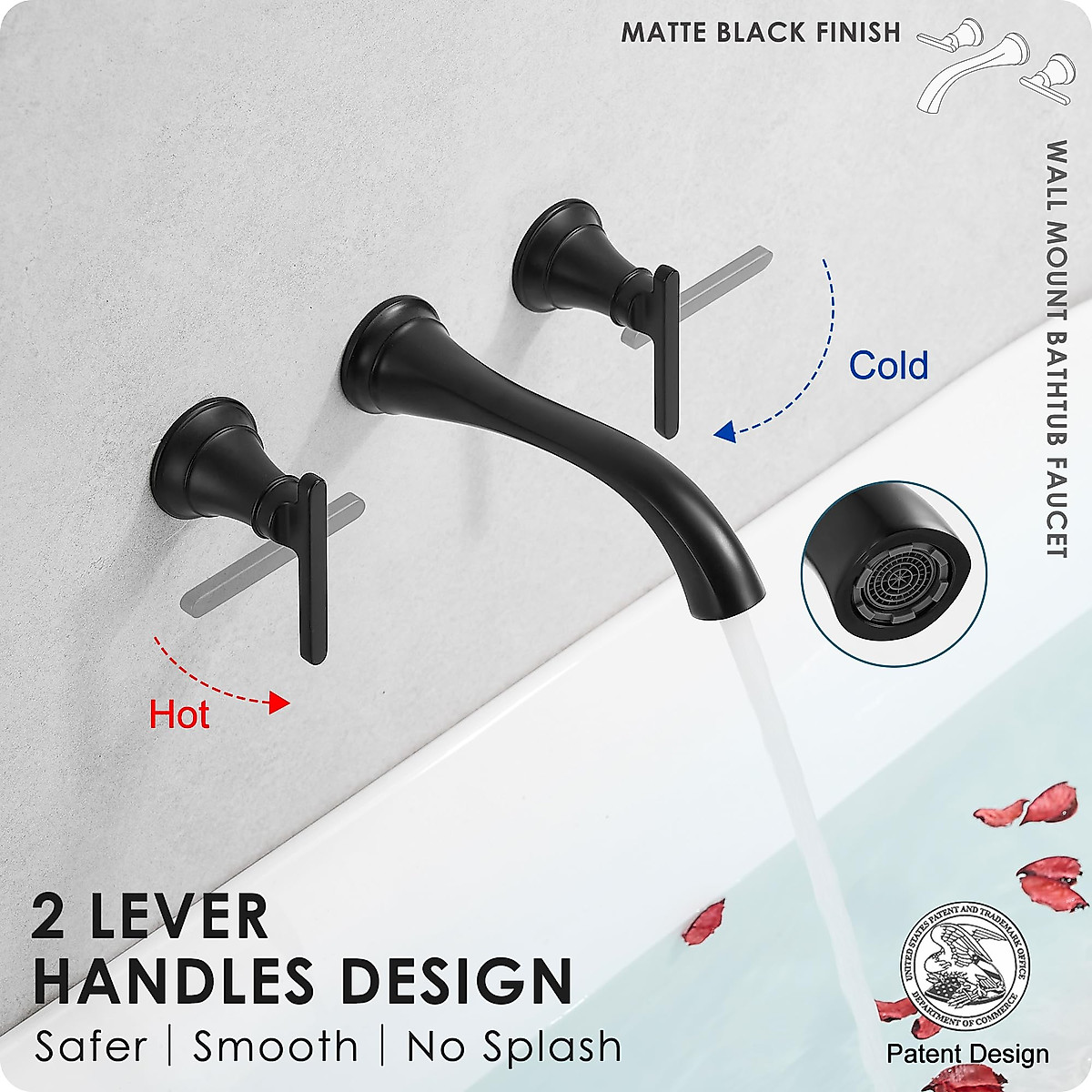 HOIGY Brass Tub Filler Wall Mount 3 Hole, Farmhouse Black Tub Faucet, High Pressure 2 Handle Matte Black Bathtub Faucet Set with Long Spout Reach, Rough-in Valve