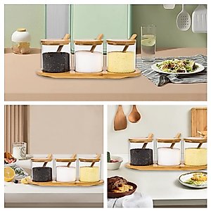 HONGCHU Seasoning Box，Condiment Pots，Glass Condiments Container Condiment Jars with Spoons Container for Spice Salt Sugar Cruet 3P