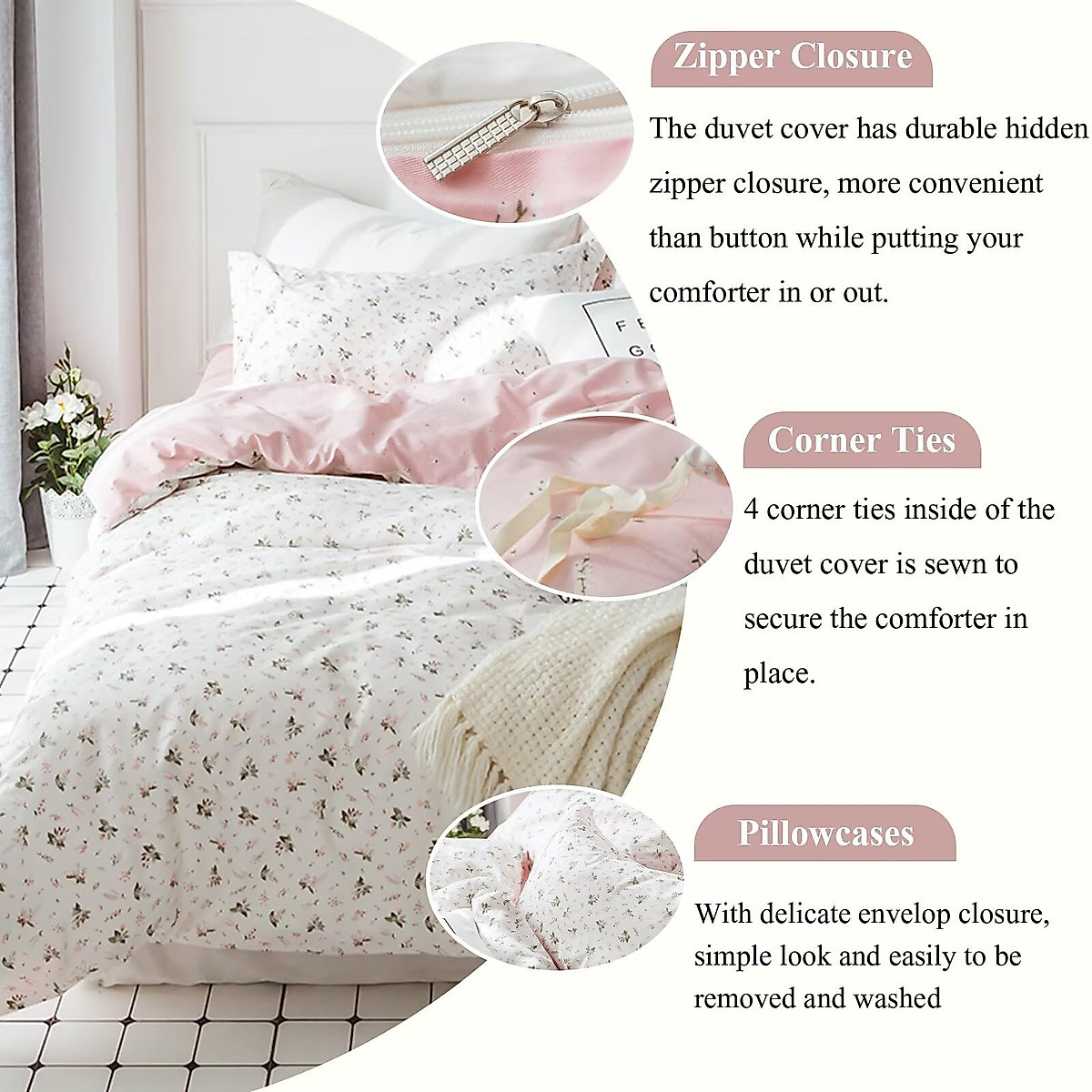 VClife Queen Cotton Duvet Cover Pink White Floral Bedding Sets, Vintage Style Flower Branches Pattern Duvet Covers with Zipper Closure- 1 Duvet Cover and 2 Pillow Covers, Breathable Lightweight